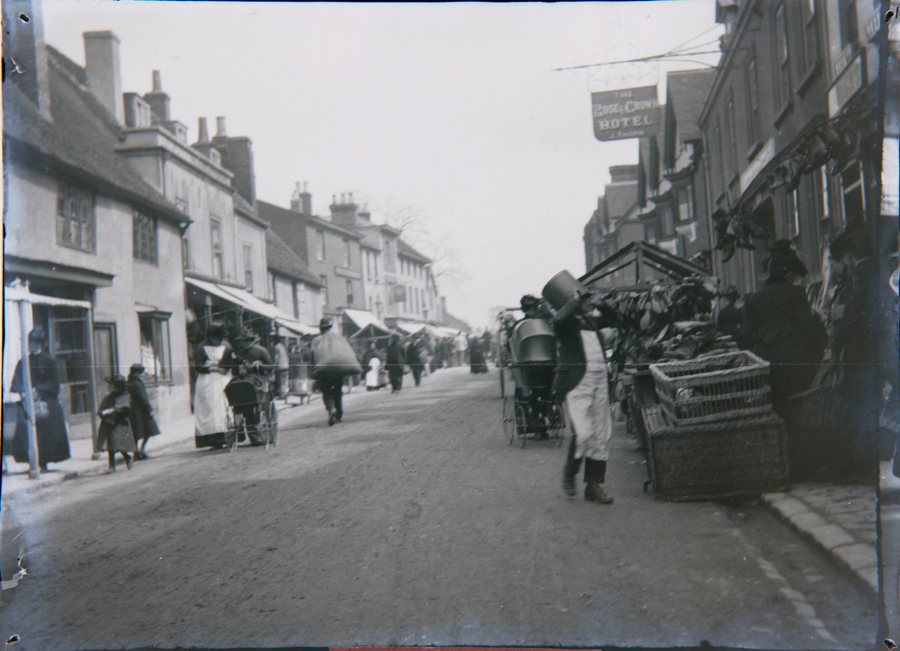 Outdoor flea market in Tring showing high street and the Rose and Crown ...