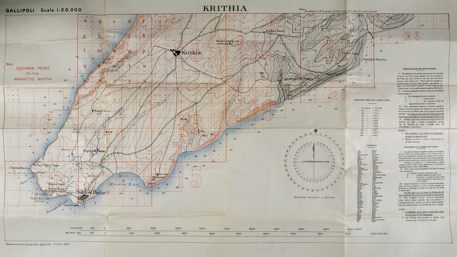 Black and white topographical map of Krithia with military grid and ...