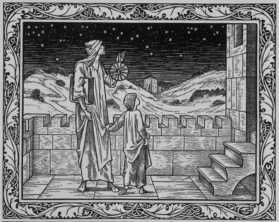 Hooded man and boy on fortified wall looking at stars, with scientific ...